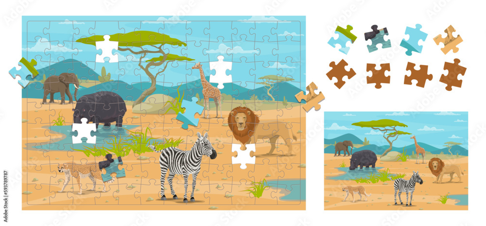 Cartoon african savannah animals. Jigsaw puzzle game pieces. Kids ...