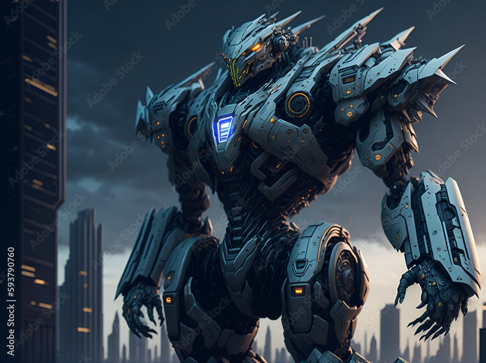 Image of a mecha robot, with its sleek design, advanced weaponry ...