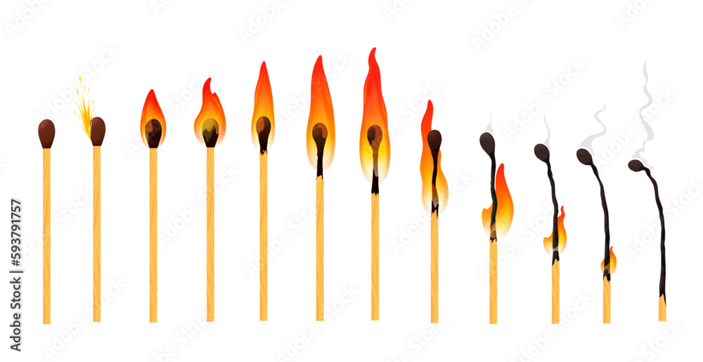 Burning match animation with fire flame burn sequence, vector cartoon ...