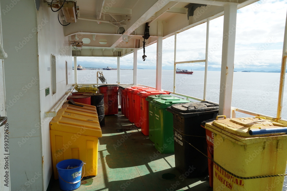 Plastic garbage bins of different colors and for various waste, firmly ...