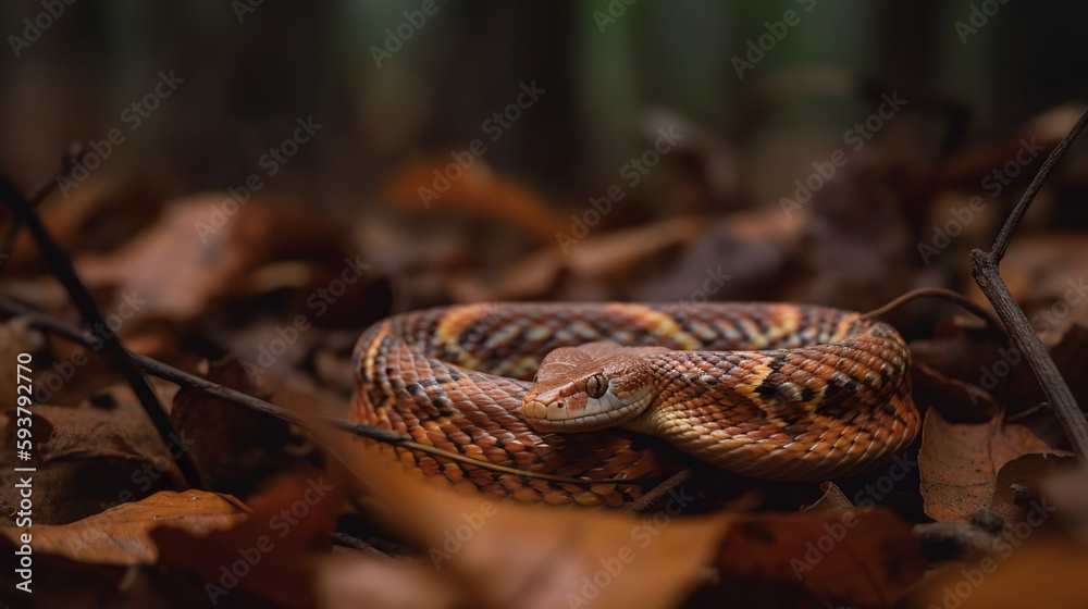 A corn snake moves through a forest, its scales blending in with the ...
