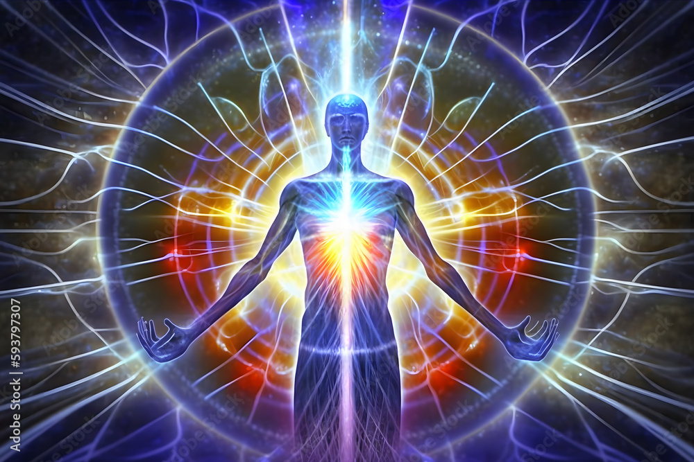 Human aura, spiritual energy, meditation concept. Neural network AI ...