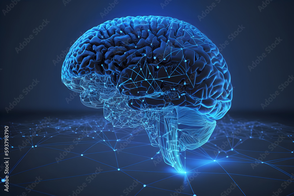 Human brain shape of an artificial intelligence with line dots on dark ...
