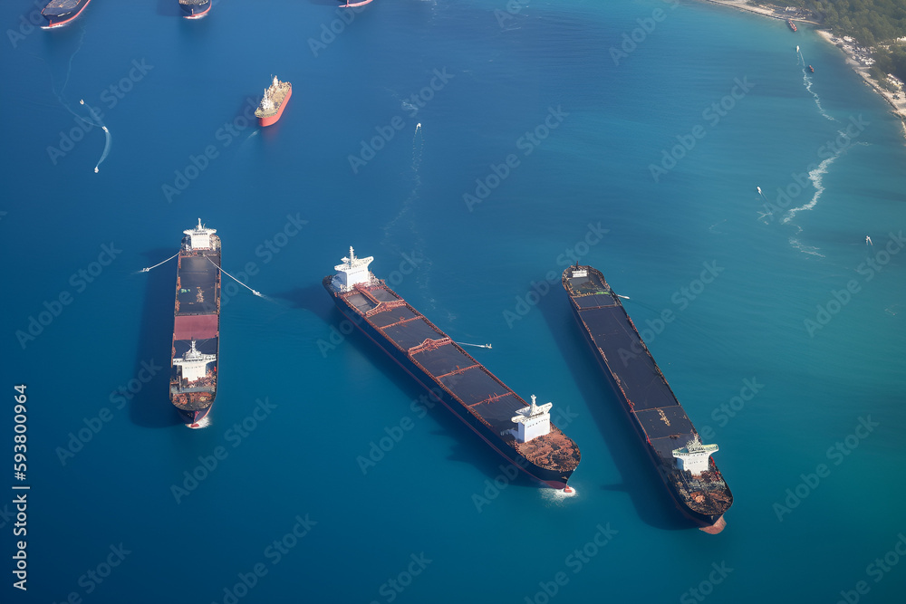aerial perspective of a bay where colossal tanker ships, including ...