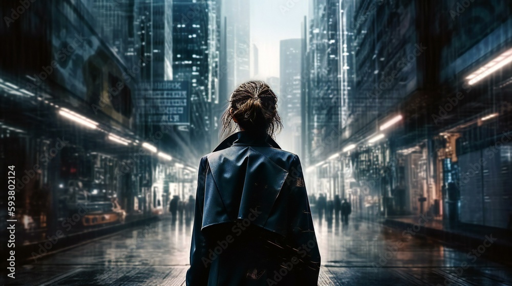 Poster 近未来の都市に迷い込んだ後ろ姿の女性 – Tableau | Europosters