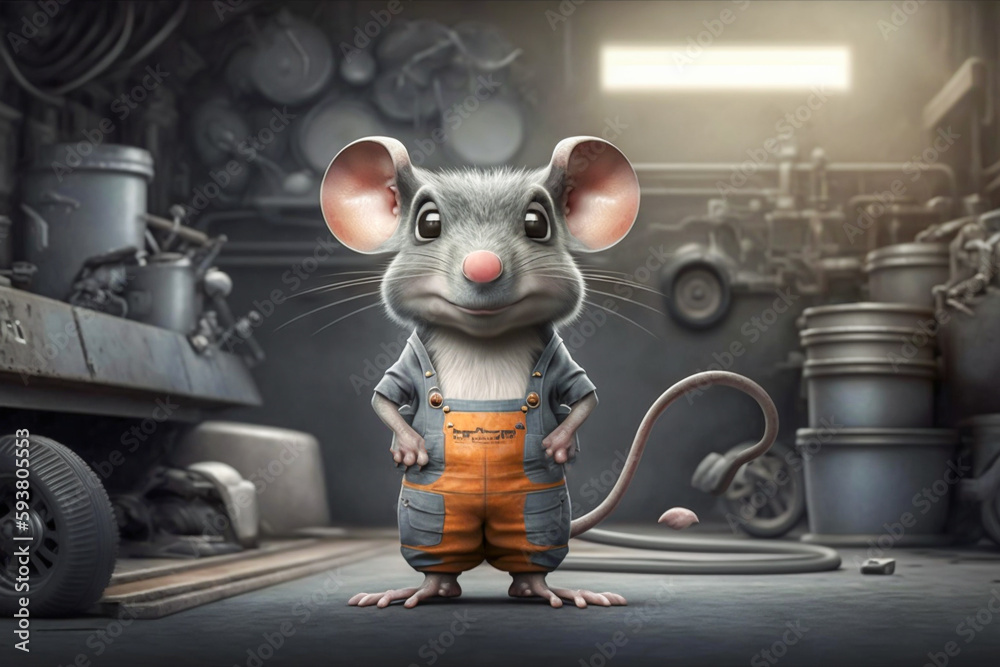 Cute cartoon mouse or rat wearing overalls curiously looking at viewer ...