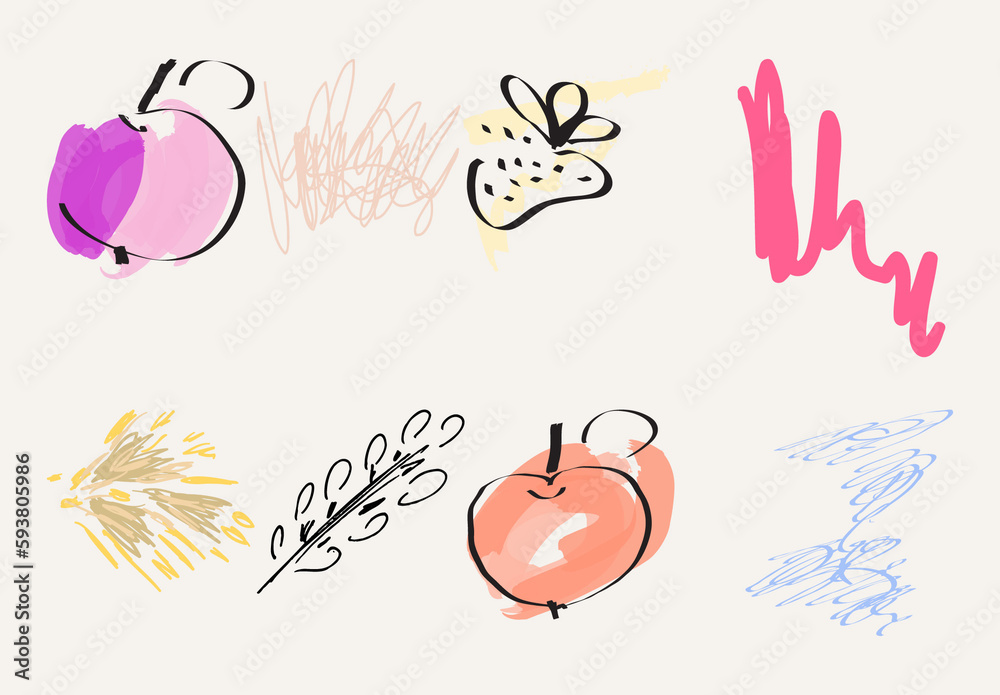 Set of Artistic Hand Drawn Fruits Flowers and Scribbles Stock Template ...