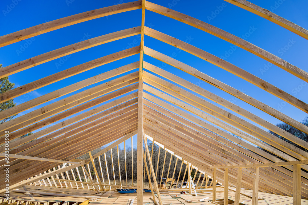 In progress construction of timber truss framed building with rafters ...