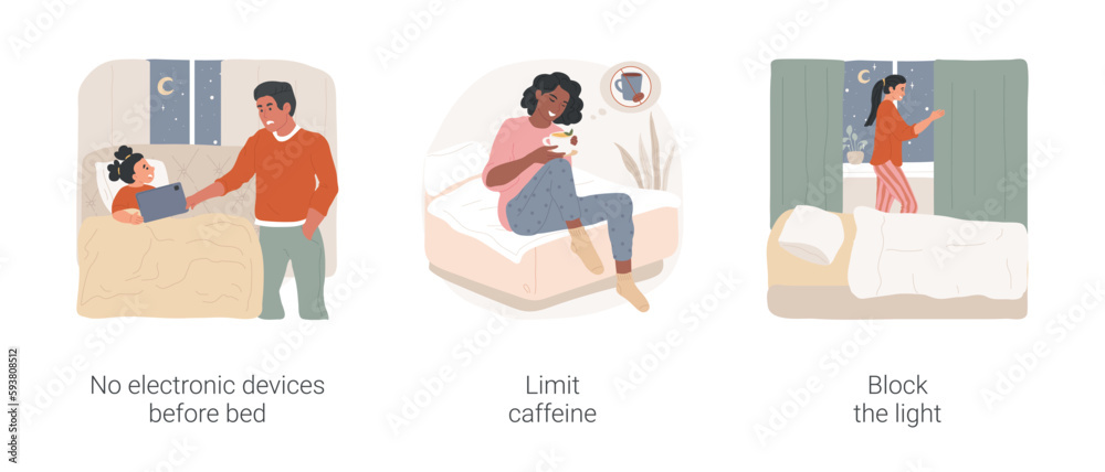 Sleep hygiene isolated cartoon vector illustration set. No electronic ...