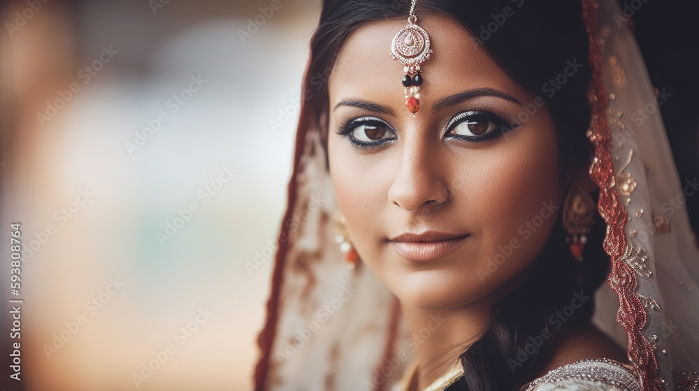 Fictional person, closeup illustration of wedding photo of Asian bride ...