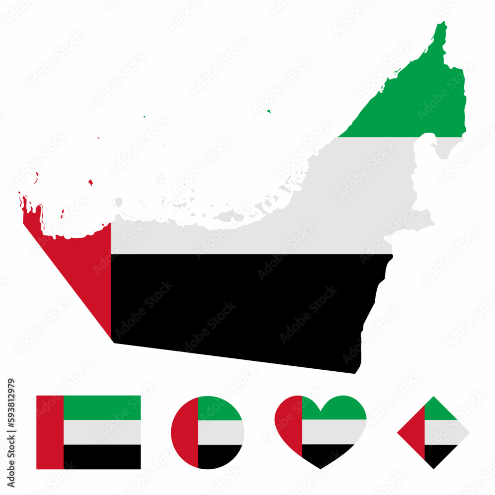 Vector of UAE or United Arab Emirates map flag with flag set isolated ...