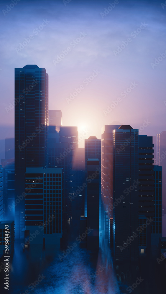 3D Rendering of mega capital city with light reflection from sunrise on ...