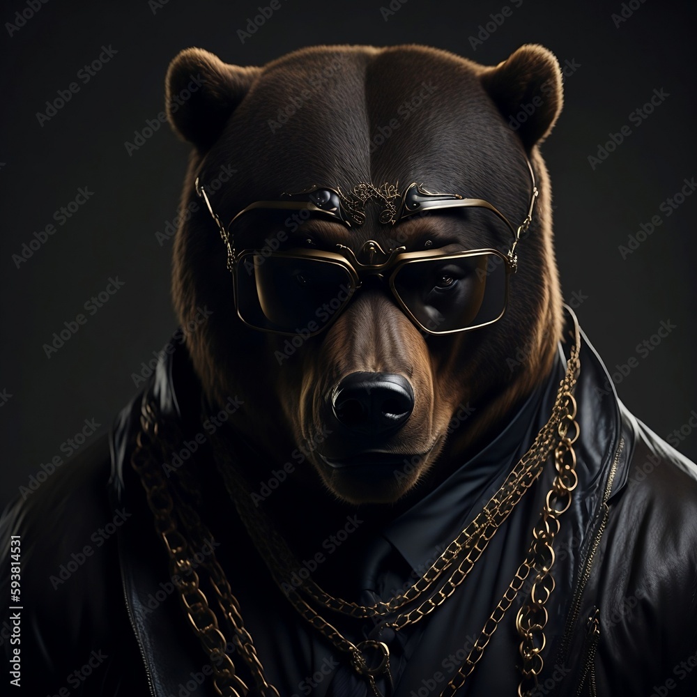 Portrait of a Gangster bear with scar wearing gold chains and ...