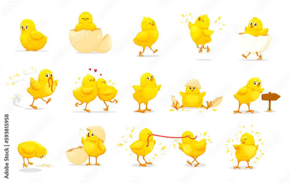Cartoon chick characters of cute baby chickens. Little yellow farm bird ...
