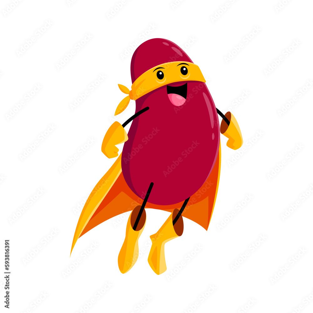 Cartoon kidney bean super hero character wear yellow cape and mask ...