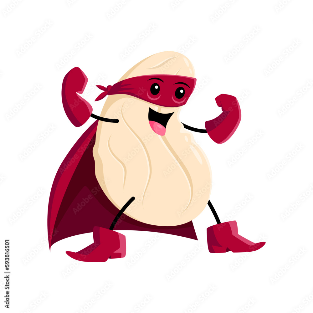 Cartoon cashew nut superhero. Vector confident kernel character dressed ...