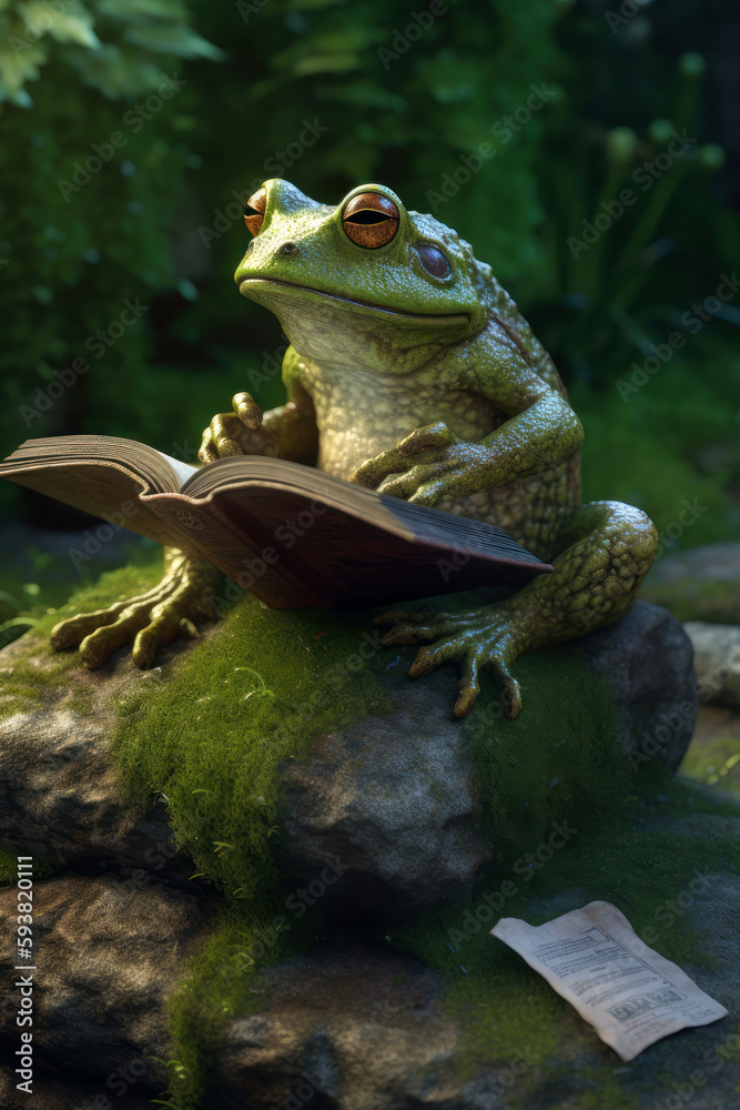 A frog reading a book in a magical scene. A frog sitting on a rock ...