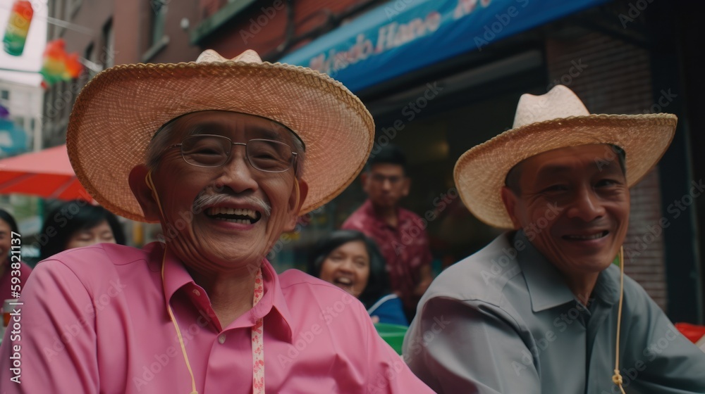 Excited Asian Elderly men Immersing in Mexican Culture during Cinco de ...