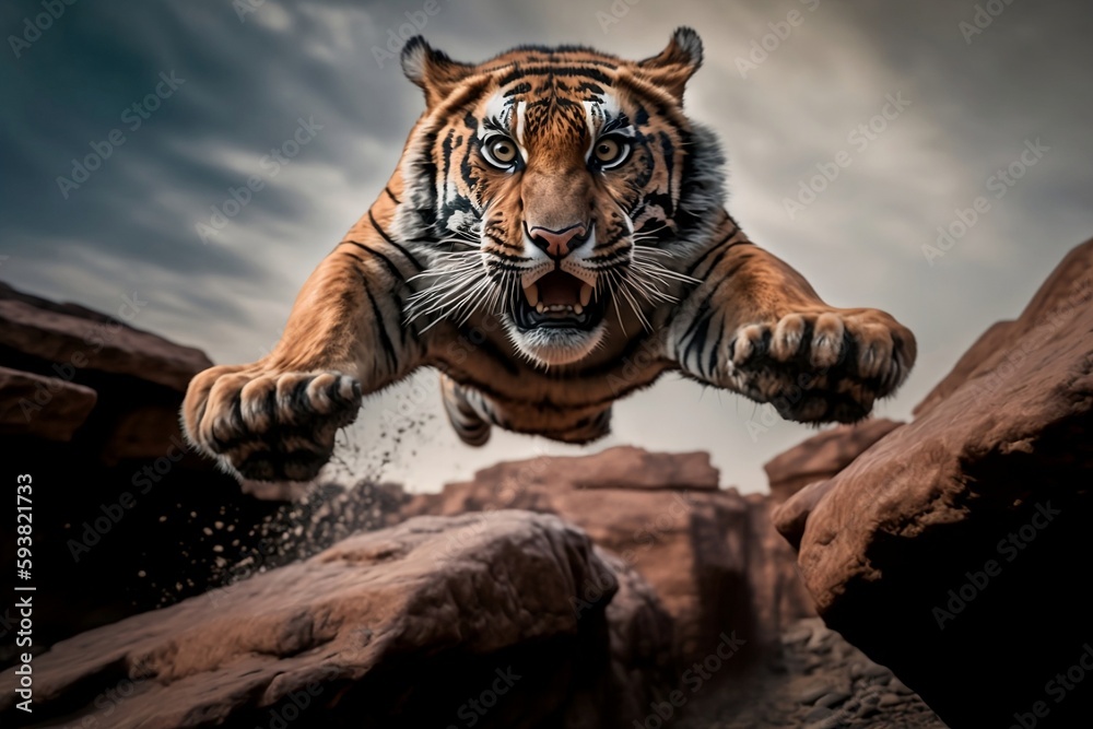 Tiger jumping into the camera with Generative AI Stock Illustration ...