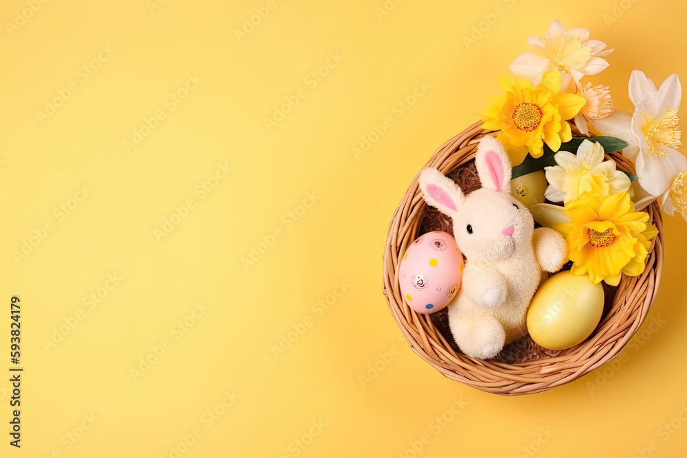 Top view photo of a basket with brightly decorated Easter eggs, a bunny ...