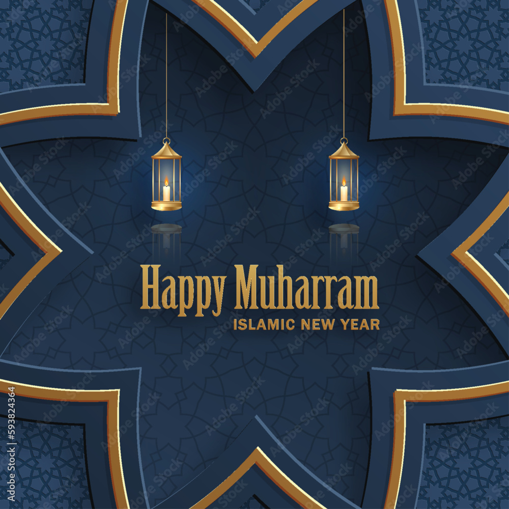 Happy Muharram, the Islamic New Year, new Hijri year design with gold pattern on color ...