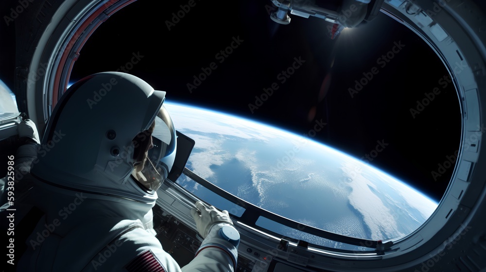Commercial space travel scene with tourists enjoying the view of Earth ...