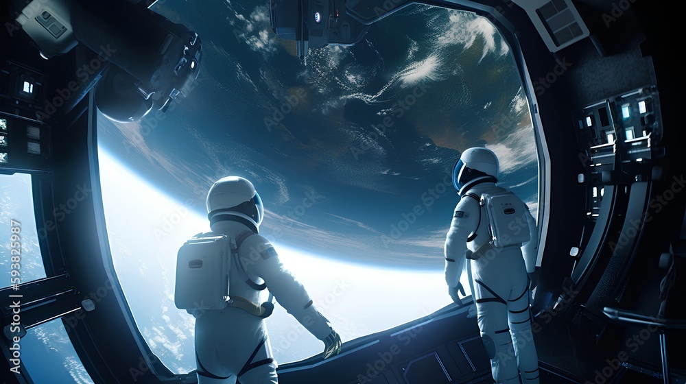 Commercial space travel scene with tourists enjoying the view of Earth ...
