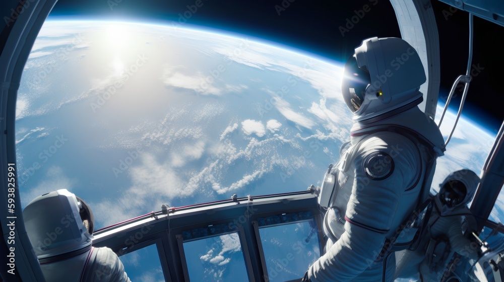 Commercial space travel scene with tourists enjoying the view of Earth ...