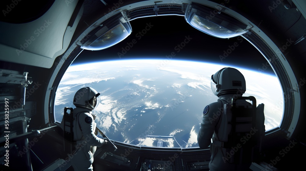 Commercial space travel scene with tourists enjoying the view of Earth ...