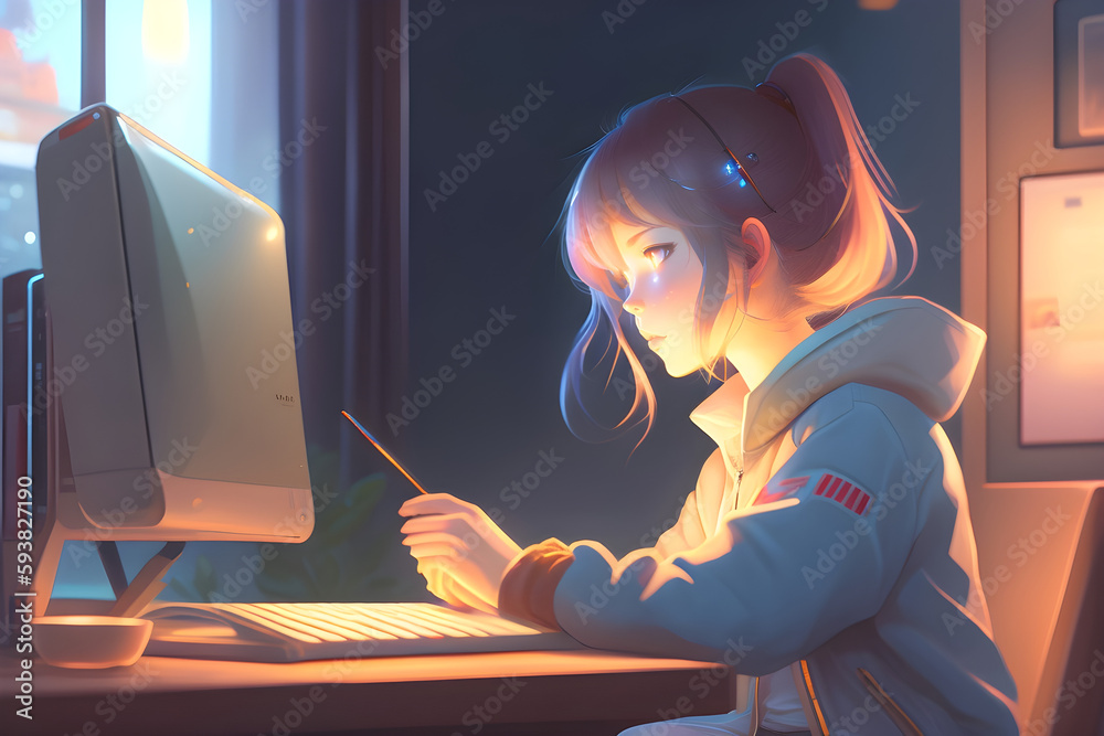 lofi Anime Girl is programming at a computer, cozy, dramatic lighting ...