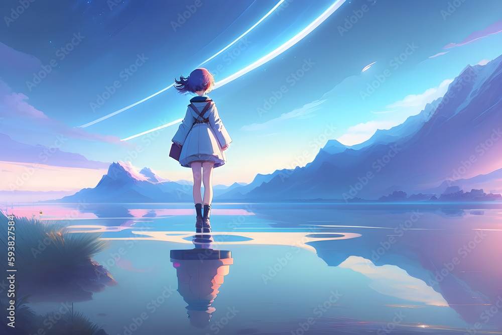 anime girl walking on water, ripples, backdrop of dawn, saturn in the ...