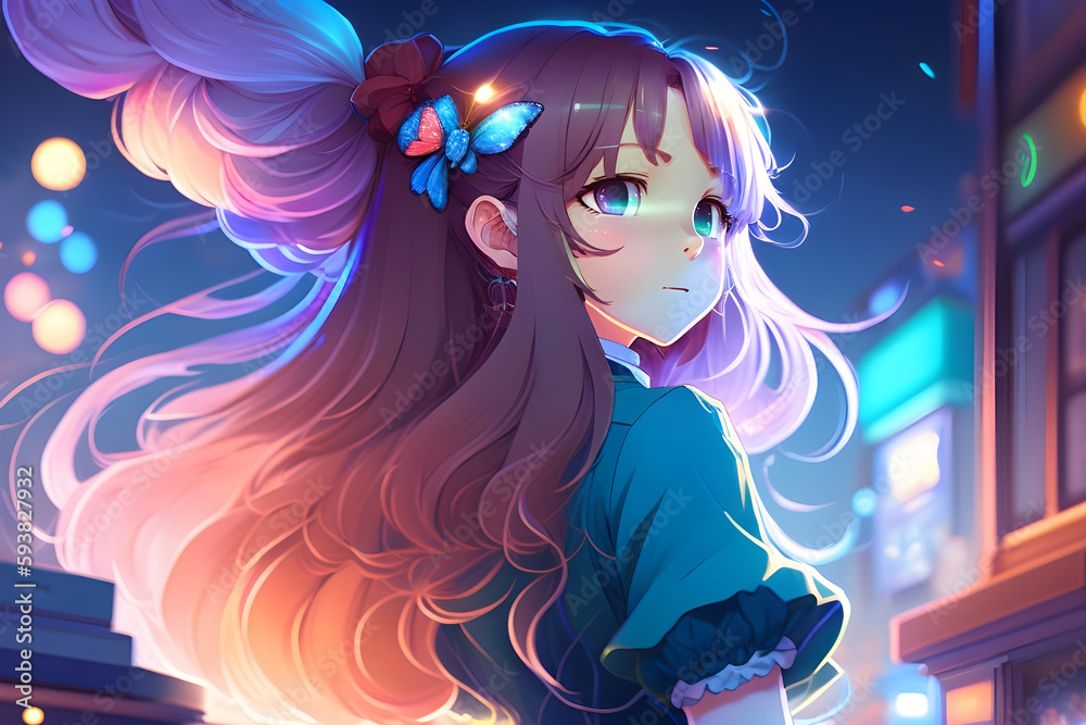 a cute magical girl idol with a long wavy colorful hair wearing a ...