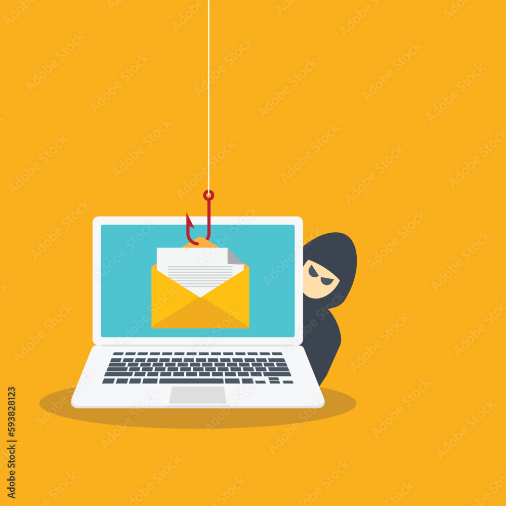 Email data phishing. Cyber thief hide behind Laptop computer. Hacking ...
