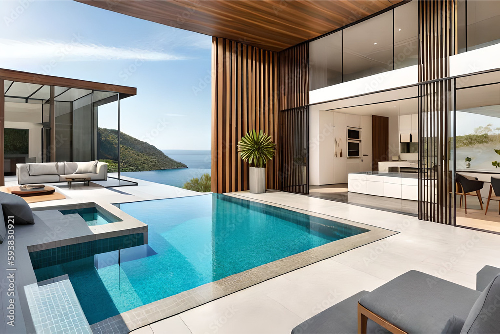 The exterior design of a house that incorporates a swimming pool using ...