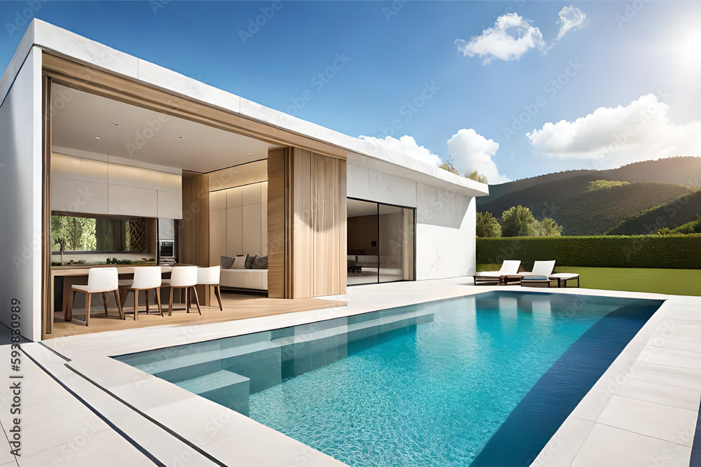 The exterior design of a house that incorporates a swimming pool using ...