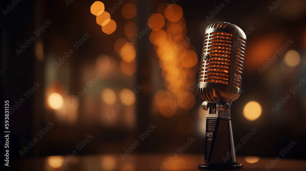 Vintage Microphone on Stage with Bokeh Lights Background. created with ...