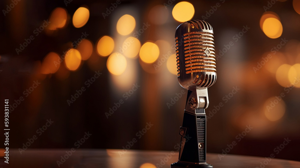 Vintage Microphone on Stage with Bokeh Lights Background. created with ...
