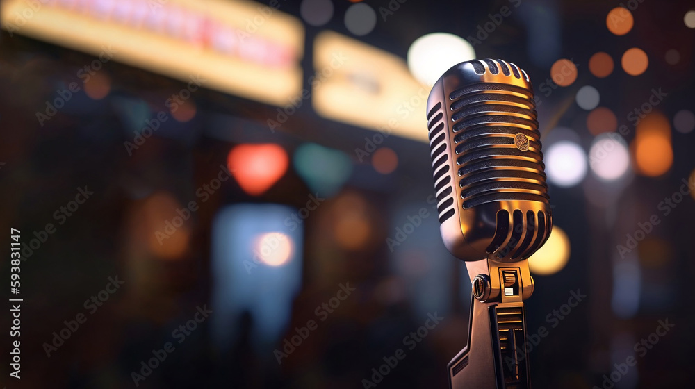 Vintage Microphone on Stage with Bokeh Lights Background. created with ...