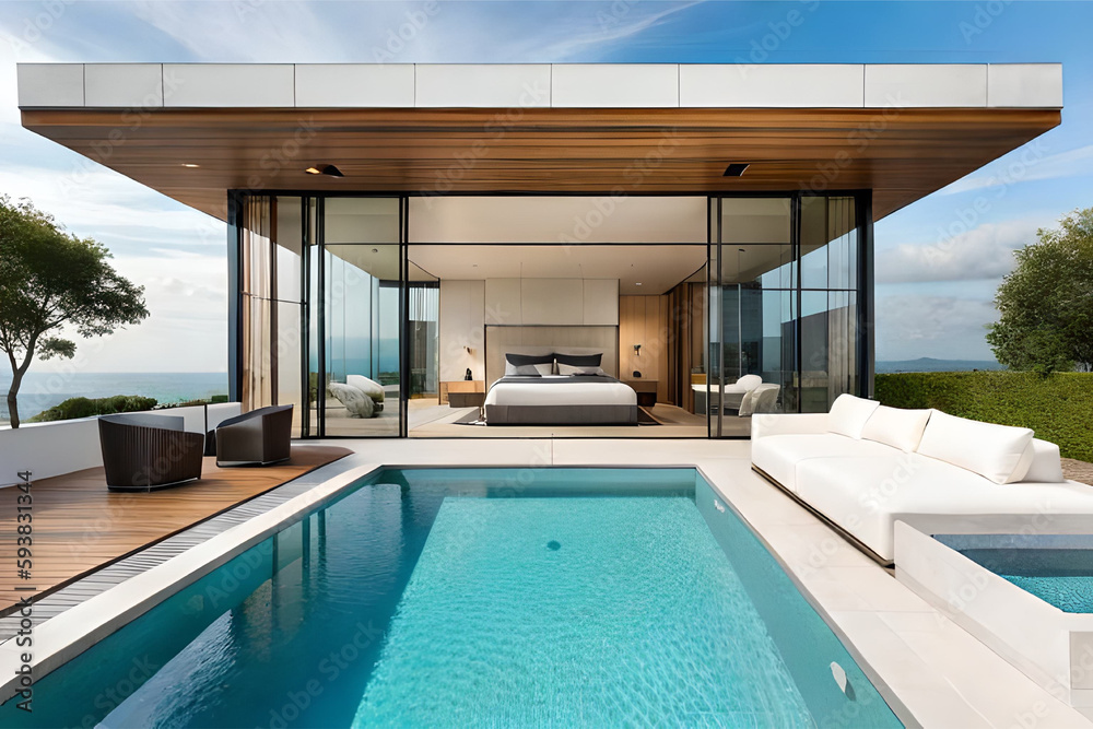 The exterior design of a house that incorporates a swimming pool using ...