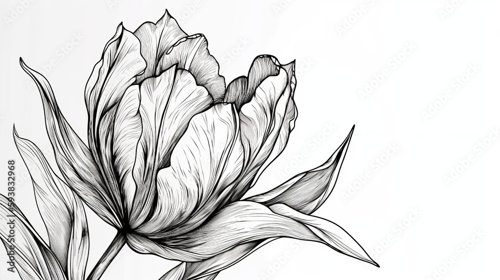 Black & White Hand Drawing Of Tulip Flower With Leaves On Isolated ...