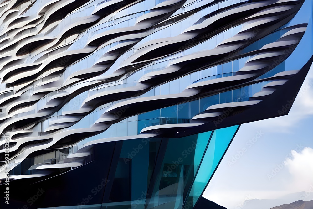 Blue and grey facade of a modern office building made of glass ...