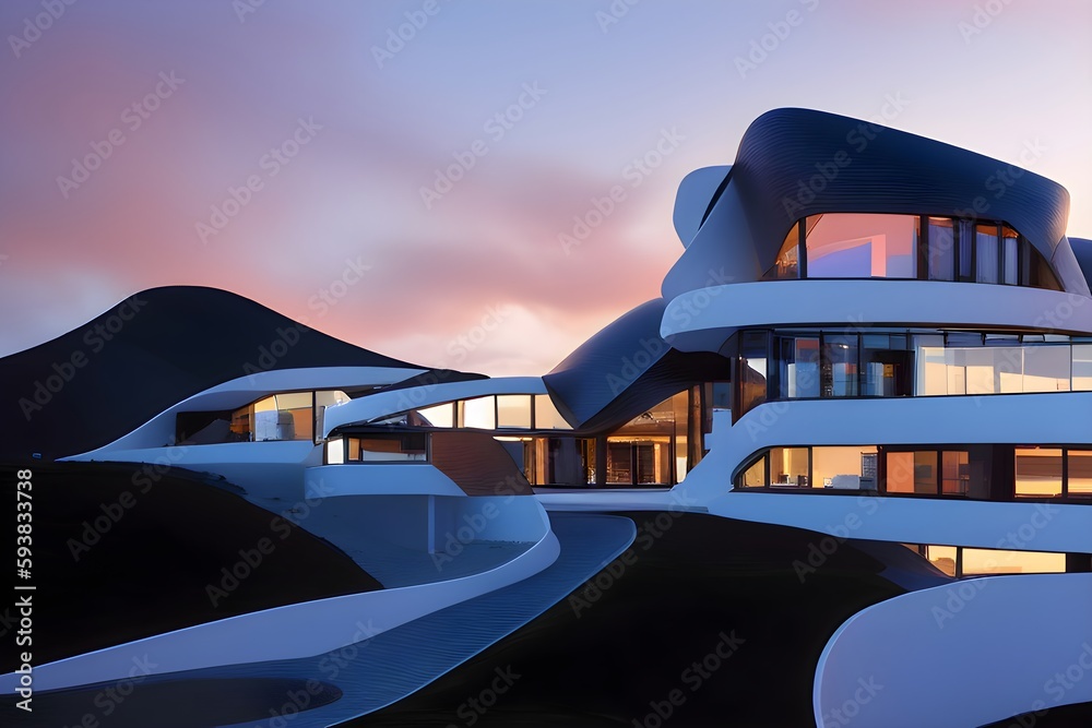 The exterior of the modern house embedded into the rock, with elegant ...