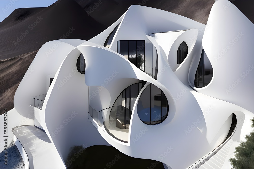 The exterior of the ultra-modern house embedded into the rock, with ...