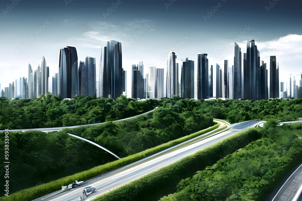 Panorama of a futuristic urban landscape, surrounded by greenery. The ...