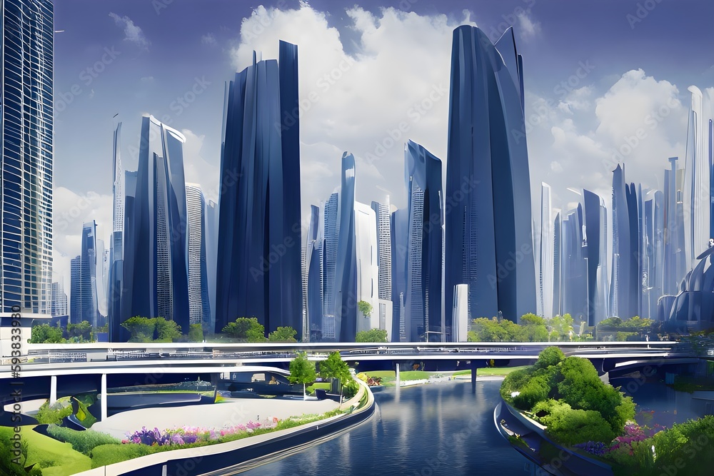 Panorama of a futuristic urban landscape, surrounded by greenery. The ...