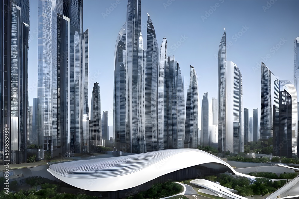 Panorama of a futuristic urban landscape, surrounded by greenery. The ...