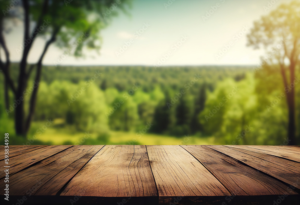 Fuzzy forest background and partial landscape of garden wooden tabletop ...