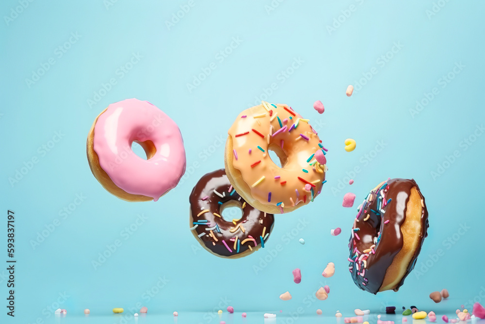 Food explosion on a pastel background. Delicious, juicy sweets, sweet ...
