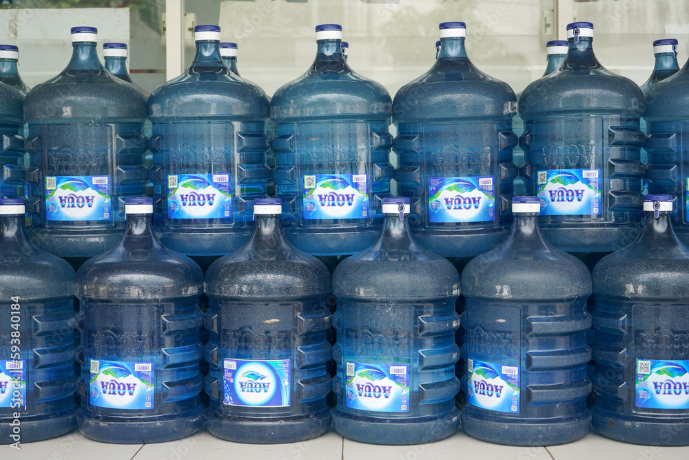 Kudus, Indonesia - April, 2023 : Pile of gallons of mineral water in ...