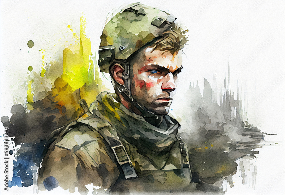 Ukrainian man in soldiers uniform on battlefield, watercolor style ...